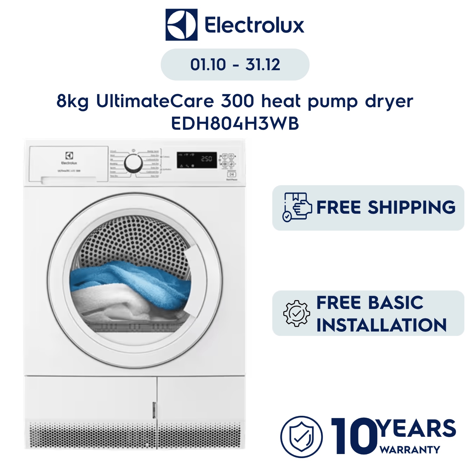 8kg UltimateCare 300 heat pump dryer - EDH804H3WB | Electrolux Singapore